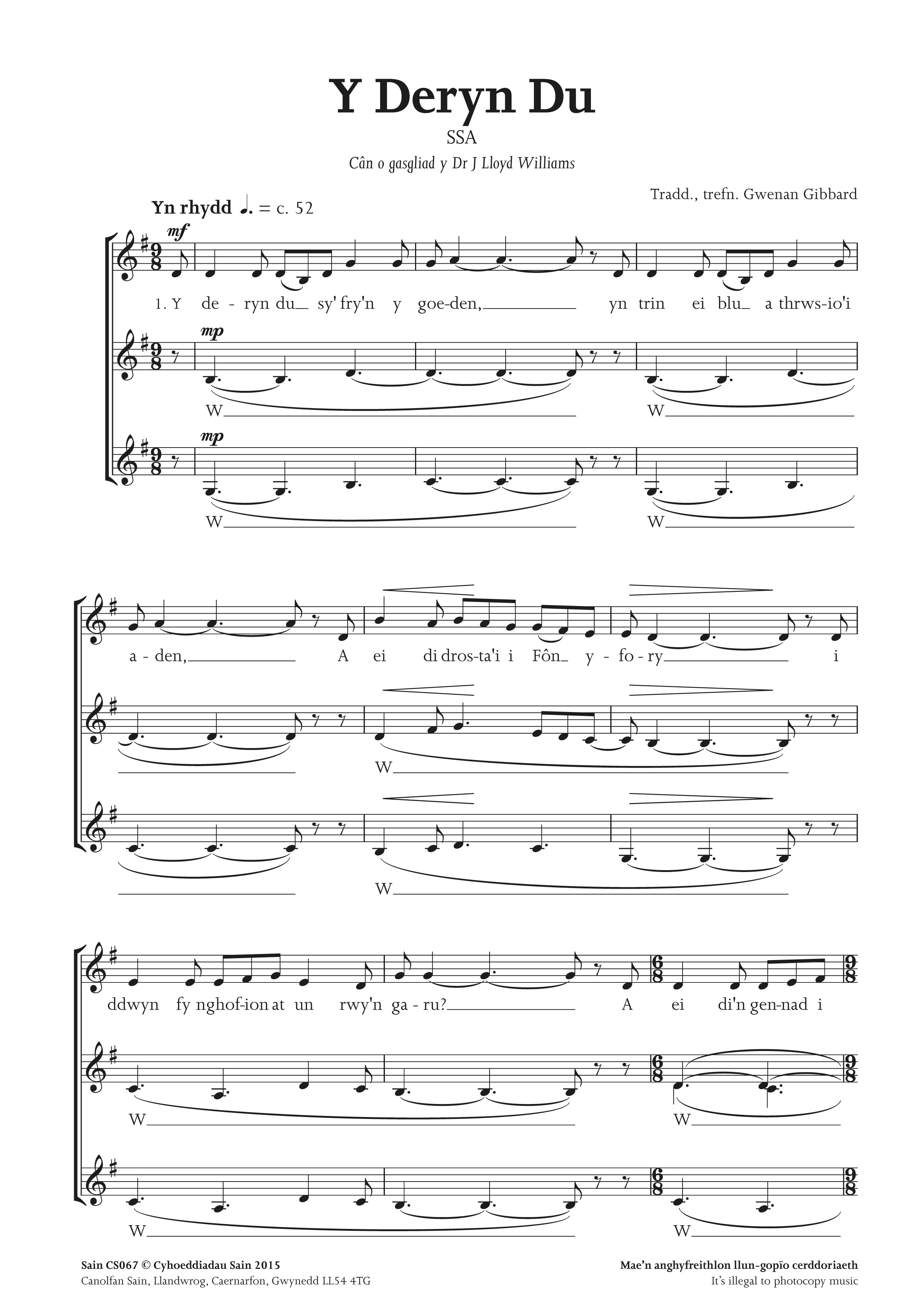 Y Deryn Du (ssa) ~ Digital Sheet Music Download (PDF) – Sain