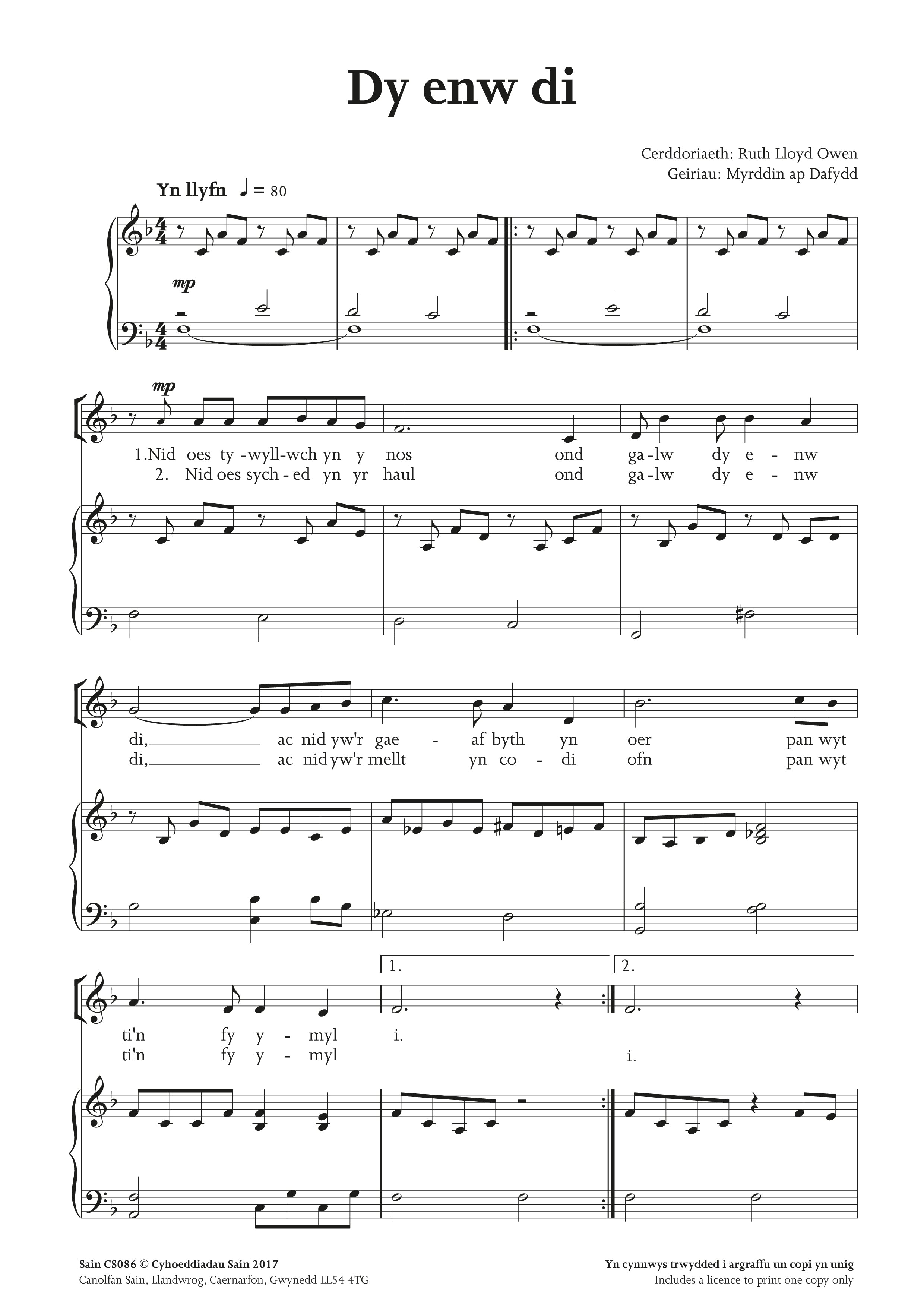 Dy enw di (F) ~ Digital Sheet Music Download (PDF) – Sain